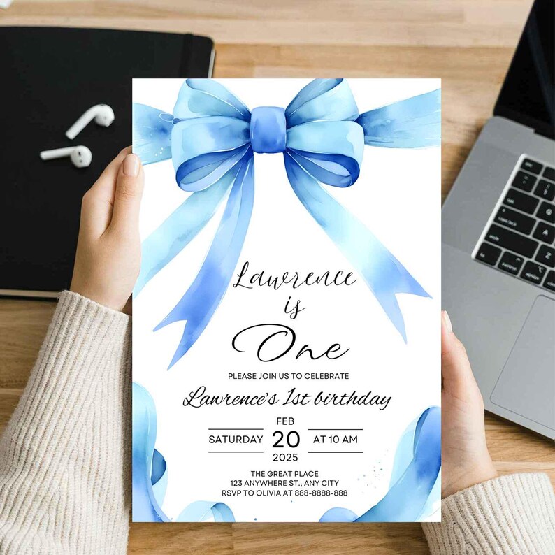 Editable Coquette Blue Bow Birthday Invitation, Boy 1st Birthday ...