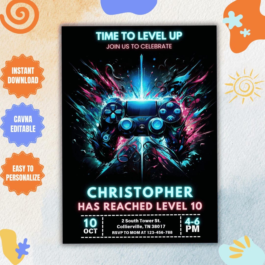 Editable Video Game Birthday Invitation: Neon Arcade Party (digital ...