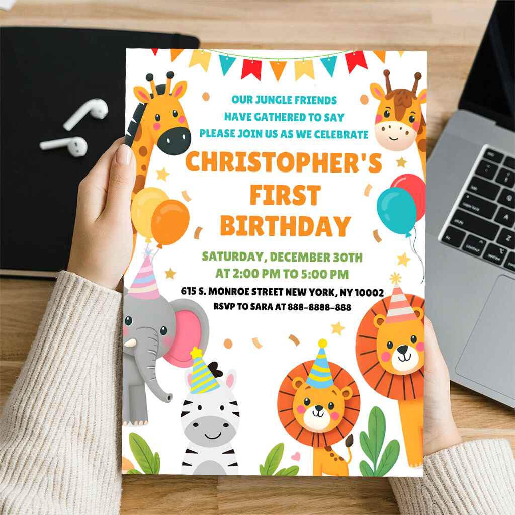 Editable Party Animals First Birthday Invitation, Safari Zoo Animals ...