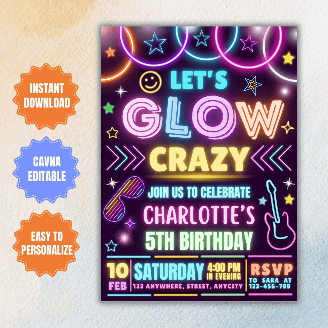 Editable Glow Birthday Party Invitation Template, Girl Boy Neon Party ...