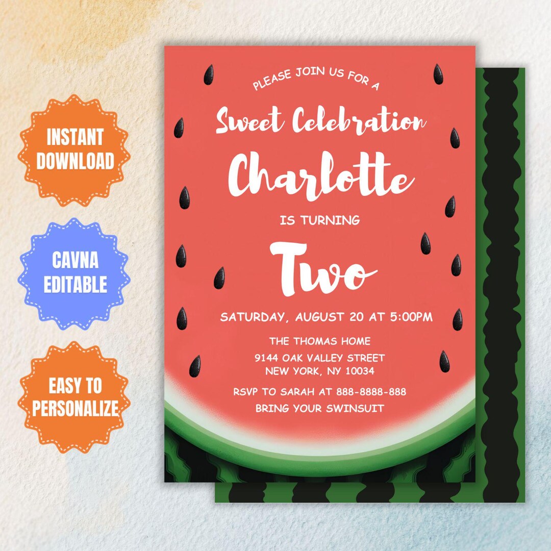Editable Watermelon Birthday Invitation: Summer Party Invite (digital ...