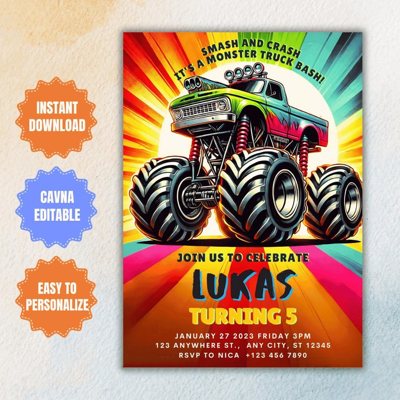 Editable Monster Truck Birthday Invitation, Monster Truck Party ...
