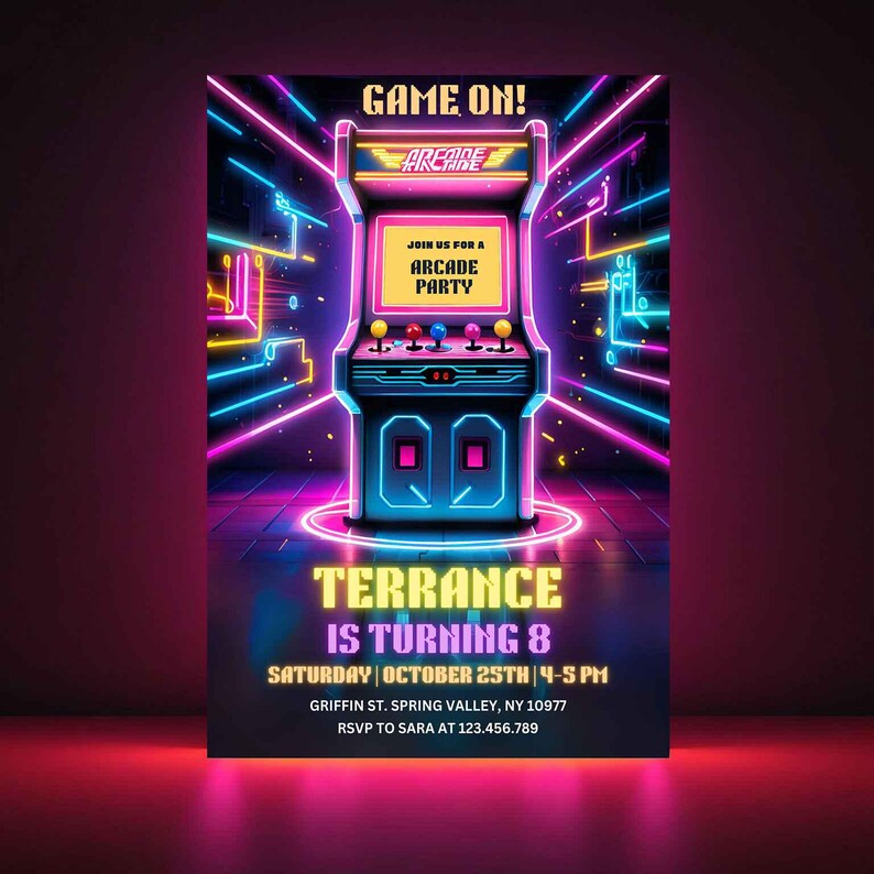 Editable Arcade Birthday Party Invitation, Arcade Party Invite, Glow ...