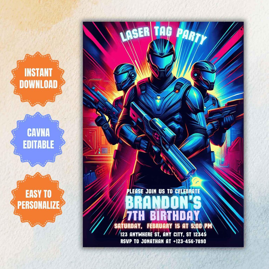Editable Laser Tag Birthday Party Invitation, Arcade Game Party ...