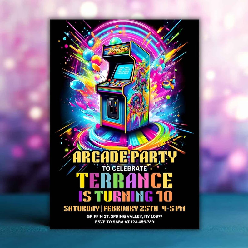 Editable Arcade Birthday Party Invitation, Retro Video Game Kids ...