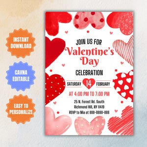 Editable Valentine's Day Party Invitation: Red Hearts Evite (digital ...