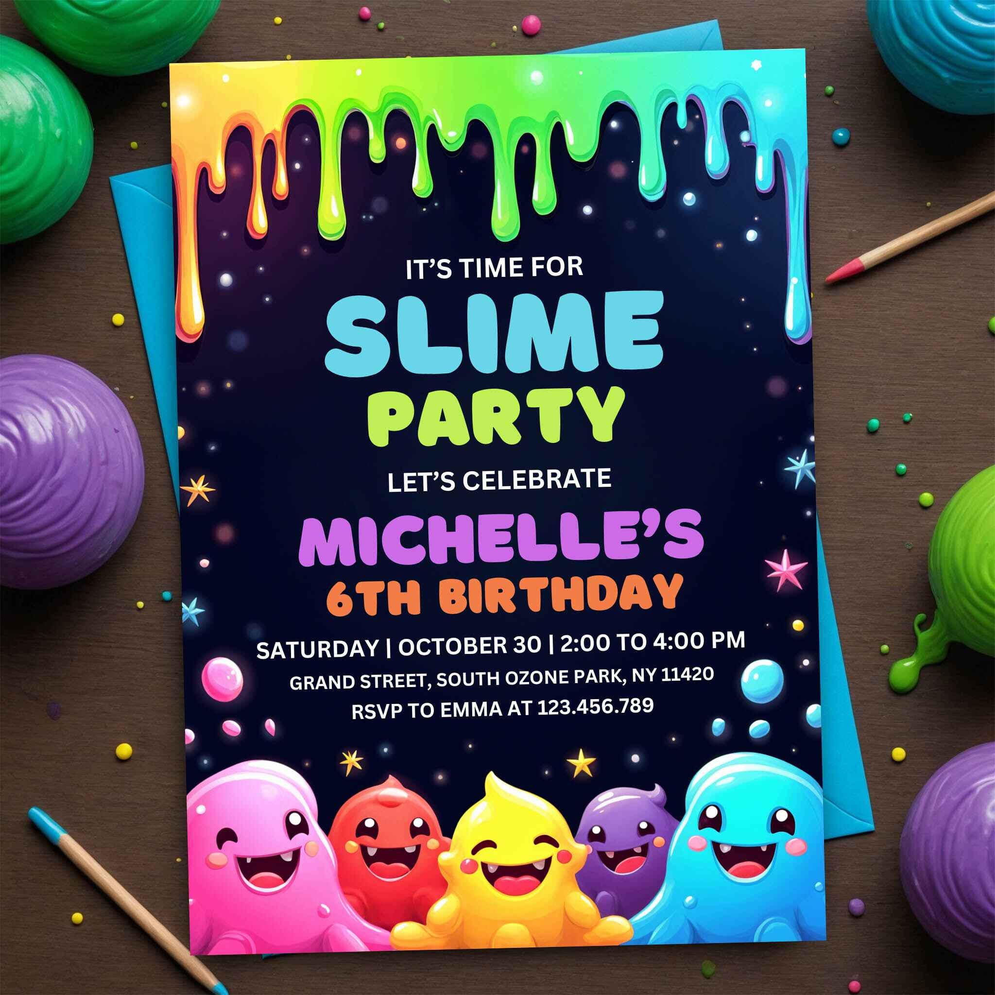 Editable Slime Birthday Party Invitation: Fun, Colorful Design (digital ...