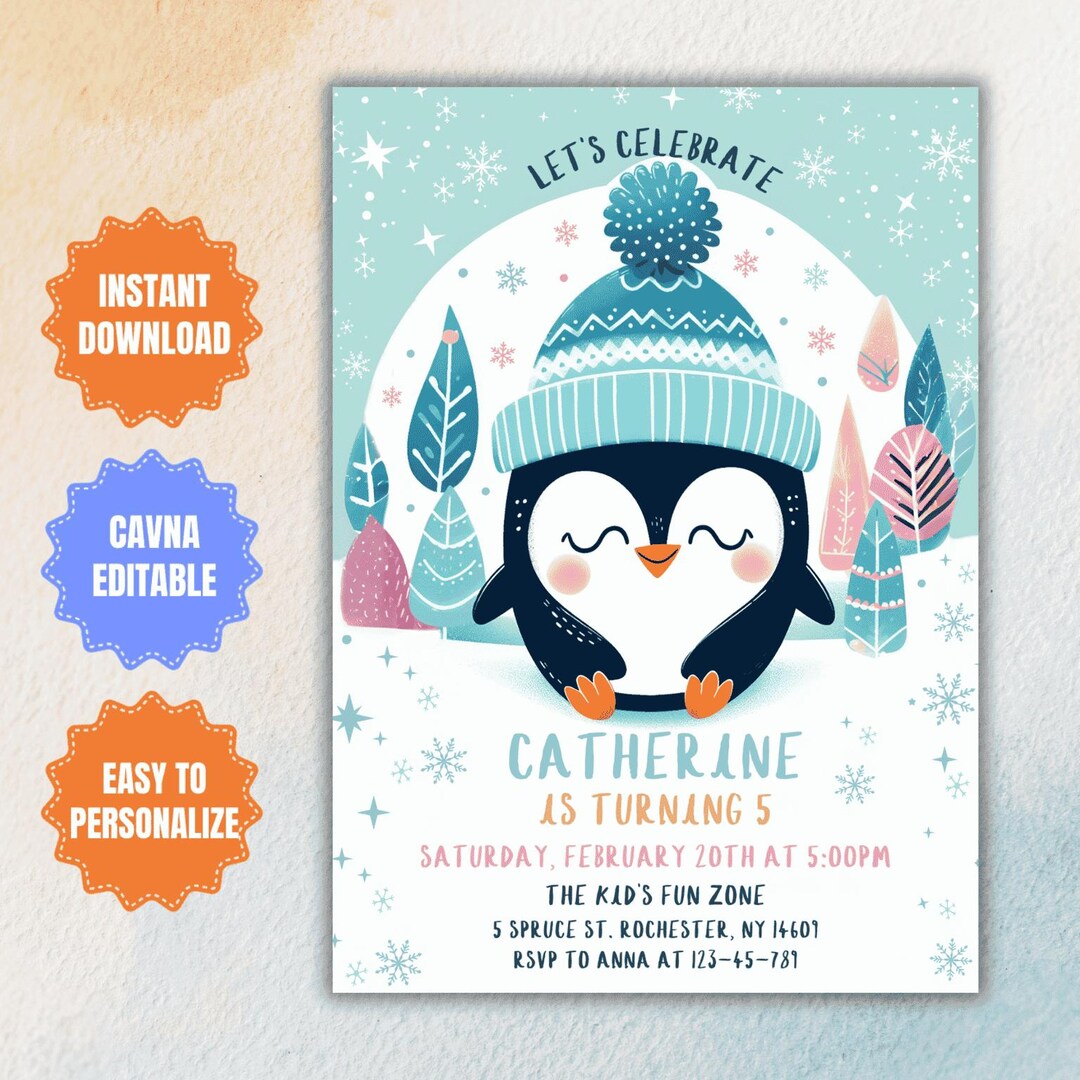 Editable Adorable Penguin Birthday Invitation, Penguin Party Girls ...