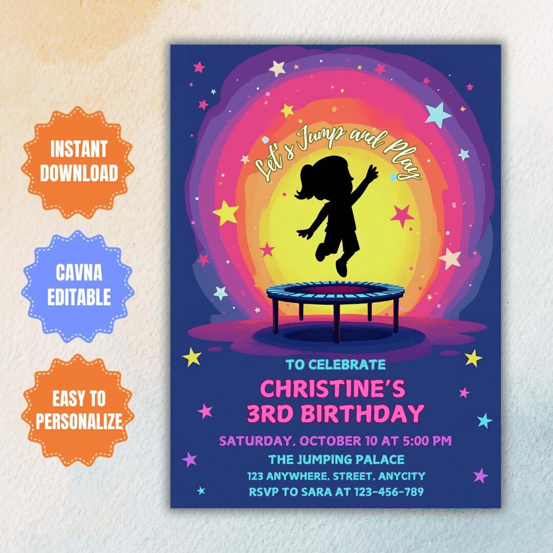 Editable Jump Party Birthday Invitation, Glow Trampoline Party Neutral ...