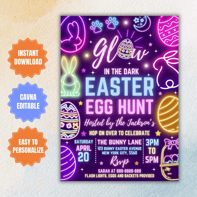 Editable Easter Egg Hunt Invitation Neon Easter Egg Hunt Party Neon ...