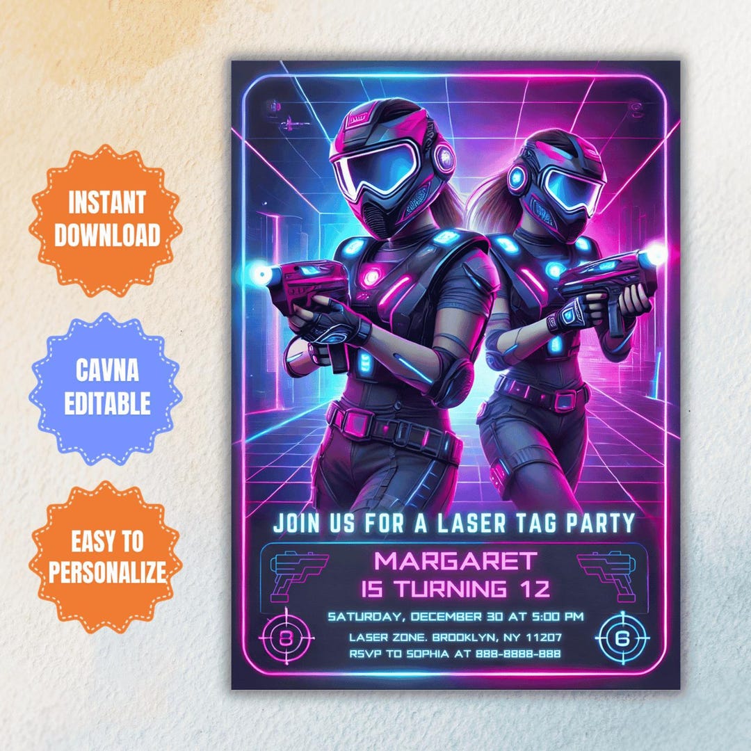 Editable Laser Tag Girls Birthday Invitation, Laser Tag Game Party ...