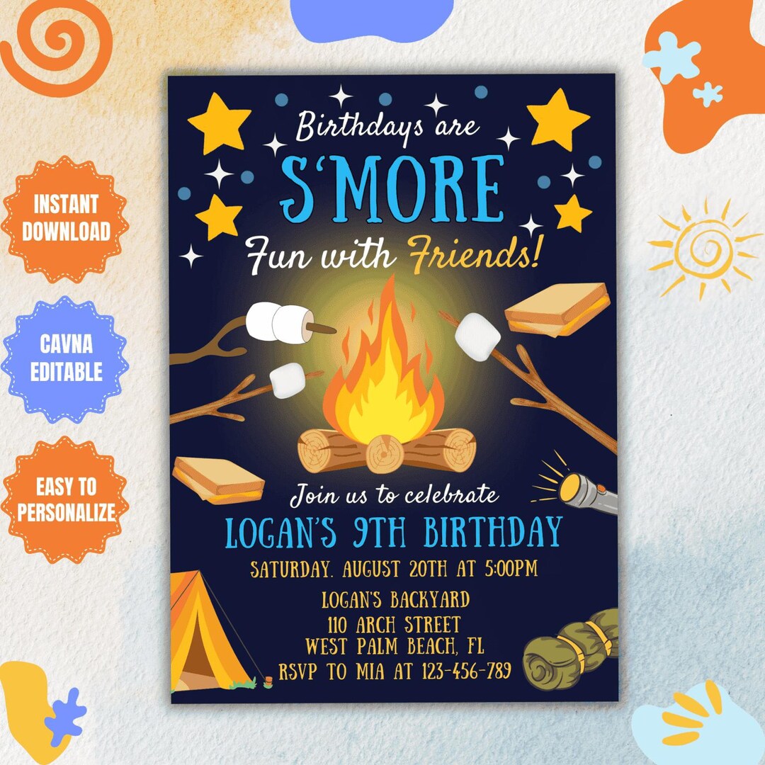 Editable S'mores Birthday Party Invitation: Camping Bonfire Theme ...