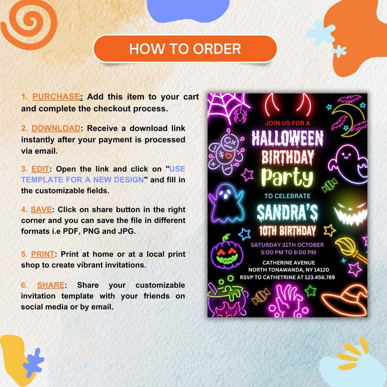 Editable Neon Halloween Party Template, Glow Birthday Party Invitation ...