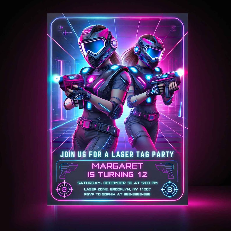 Editable Laser Tag Girls Birthday Invitation, Laser Tag Game Party ...