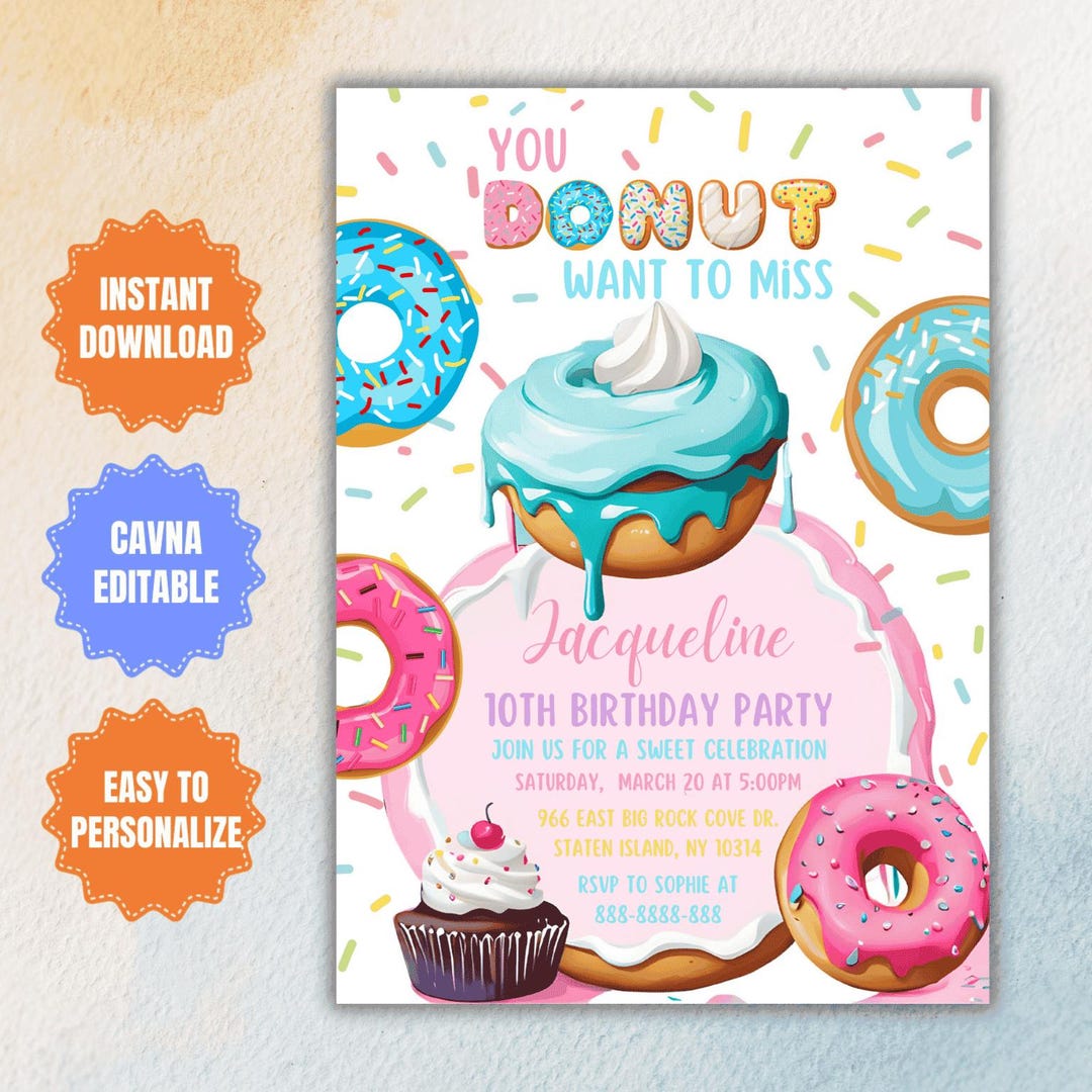 Editable Donut Birthday Party Invitation, Pink Donut Birthday Invite ...