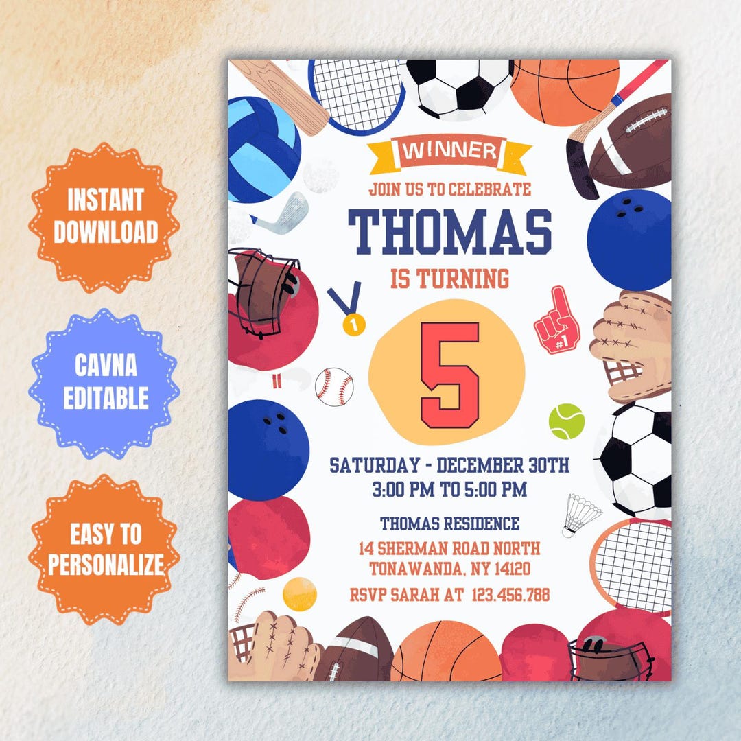 Editable Sports Theme Birthday Invitation, Let's Have a Ball ...