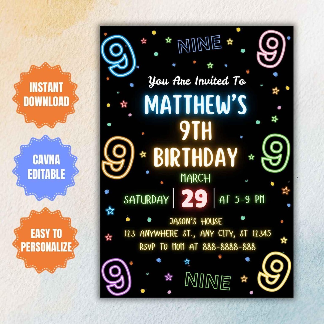Editable Neon 9th Birthday Party Invitation, Glow Party Invite, Ninth ...