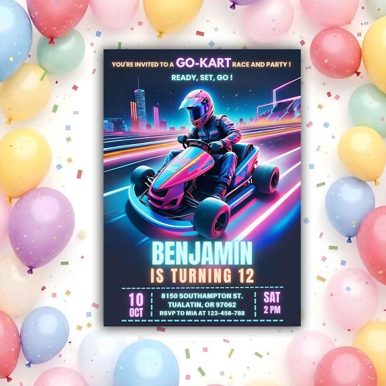 Editable Neon Go Kart Birthday Invitation, Boys Go Kart Party Karting ...