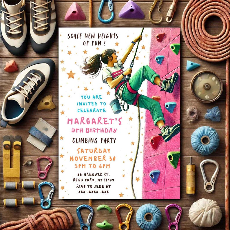 Editable Girls Rock Climb Invitation, Rock Climbing Birthday Invite ...