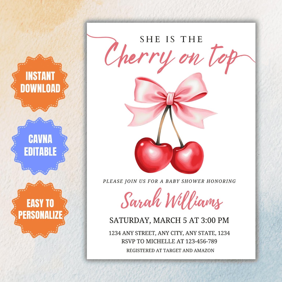 Editable Cherry Baby Shower Invitation , Cherry on Top Invite, Modern ...