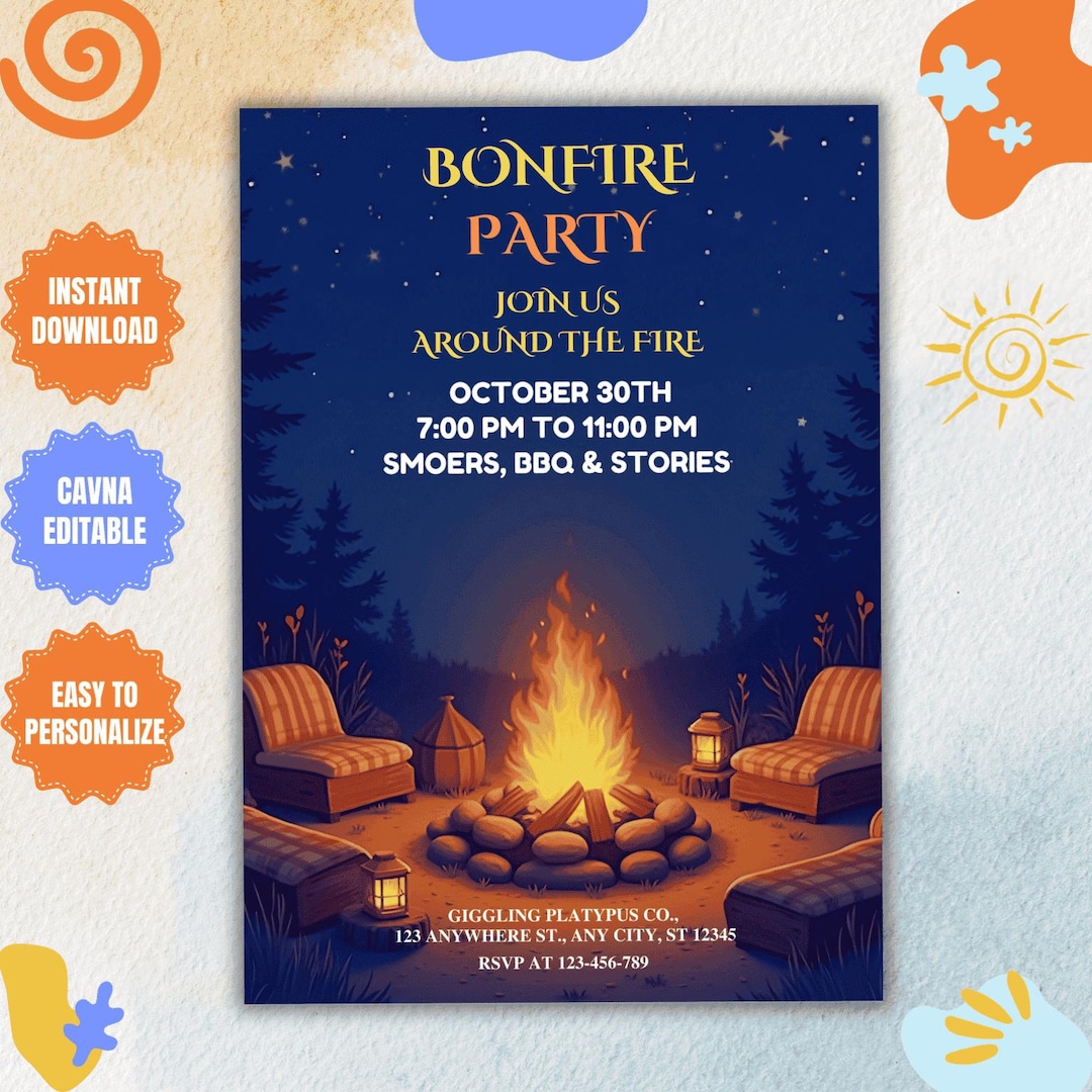Editable Backyard Bonfire Invite, Backyard Bonfire Party Invitation ...