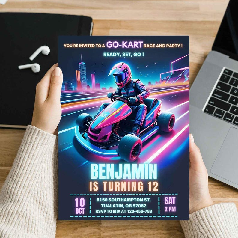 Editable Neon Go Kart Birthday Invitation, Boys Go Kart Party Karting ...