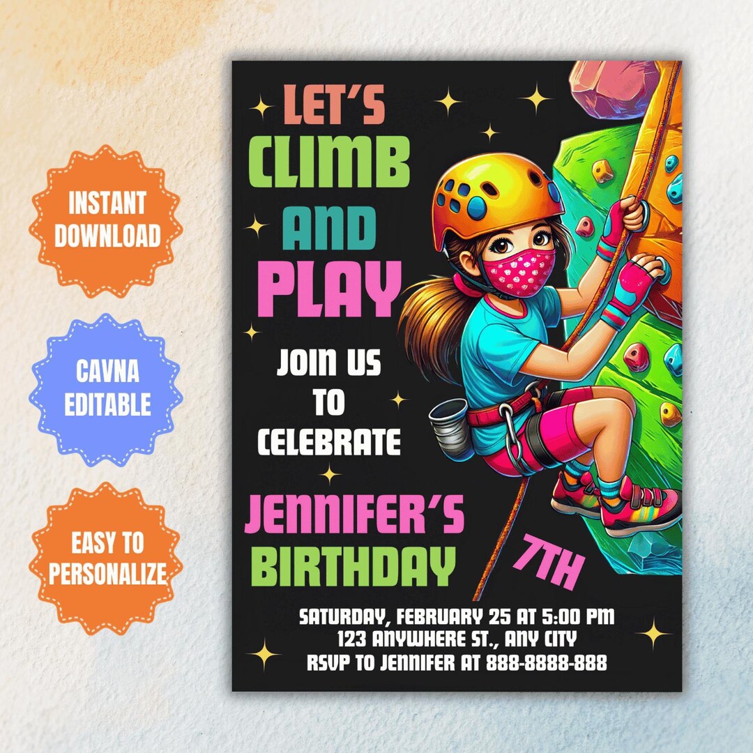 Editable Girl Rock Climbing Birthday Invitation, Printable Rock Wall ...