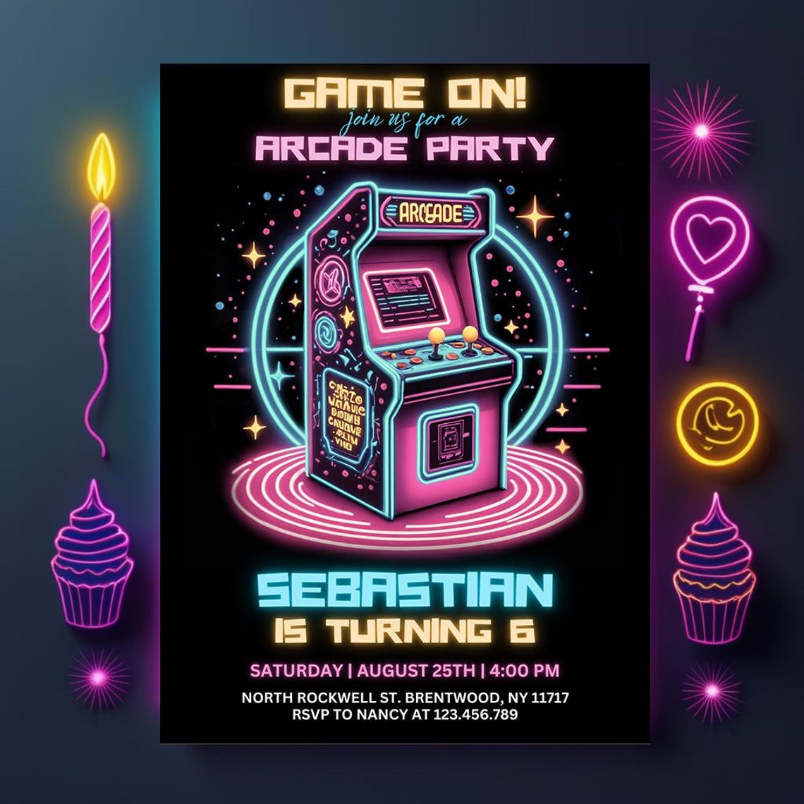Editable Arcade Birthday Party Invitation, Girls Gaming Arcade Neon ...
