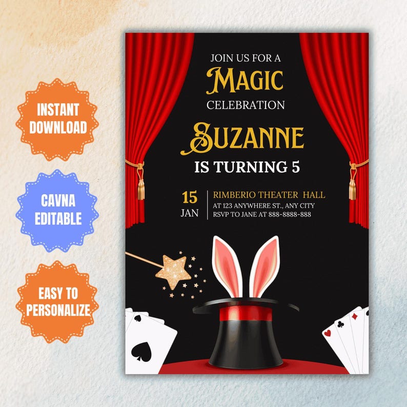 EDITABLE Magic Party Invitation, Magic Birthday Invitation, Magician ...