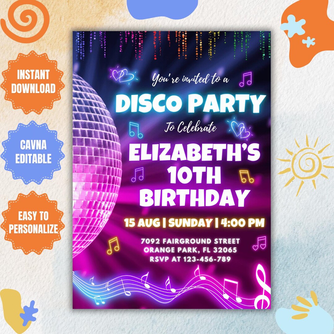 Editable Disco Party Invitation, Neon Glow Disco Dance Party Template ...