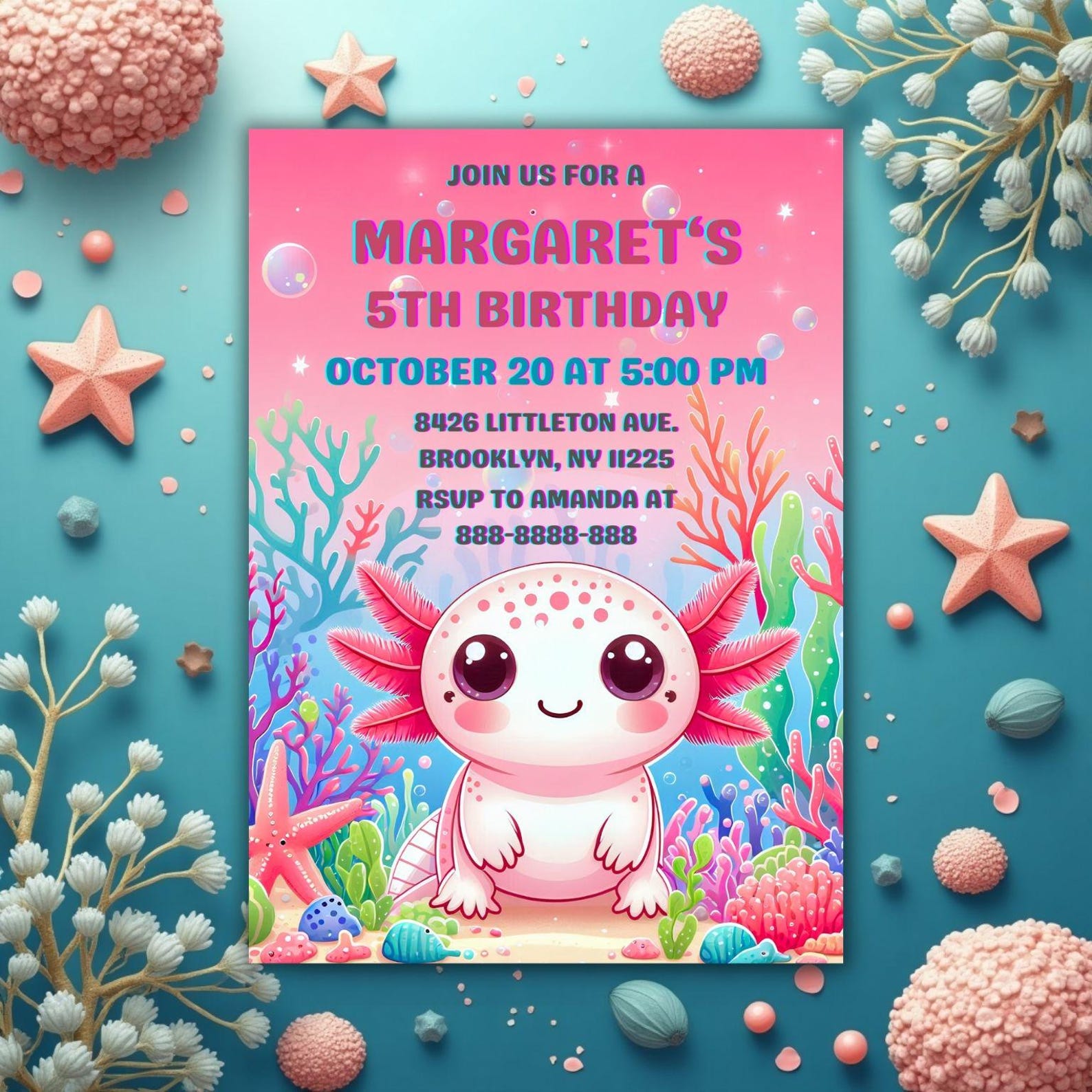 Editable Axolotl Birthday Invitation Template: Pink Undersea Party ...
