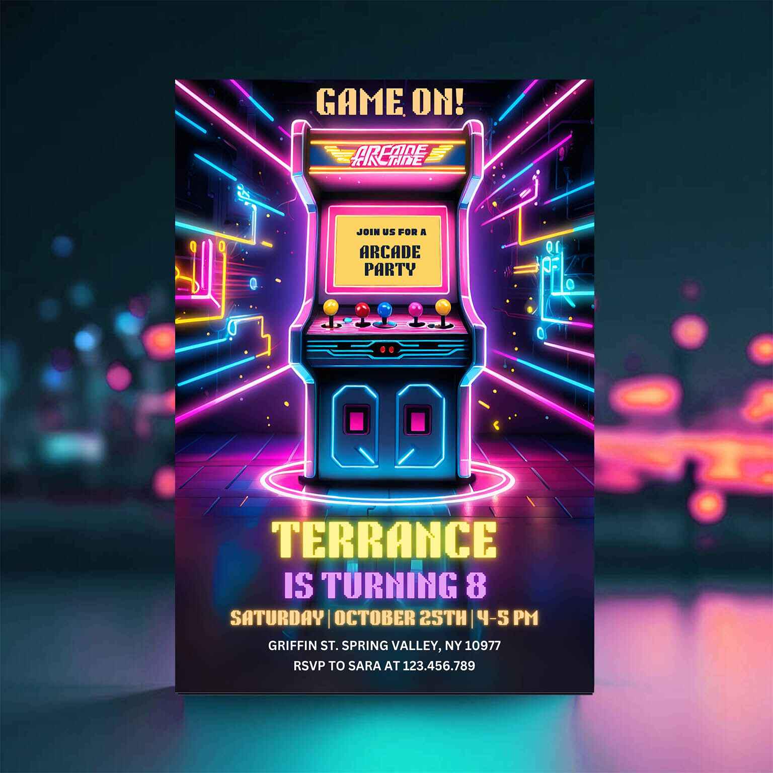 Editable Arcade Birthday Party Invitation, Arcade Party Invite, Glow ...