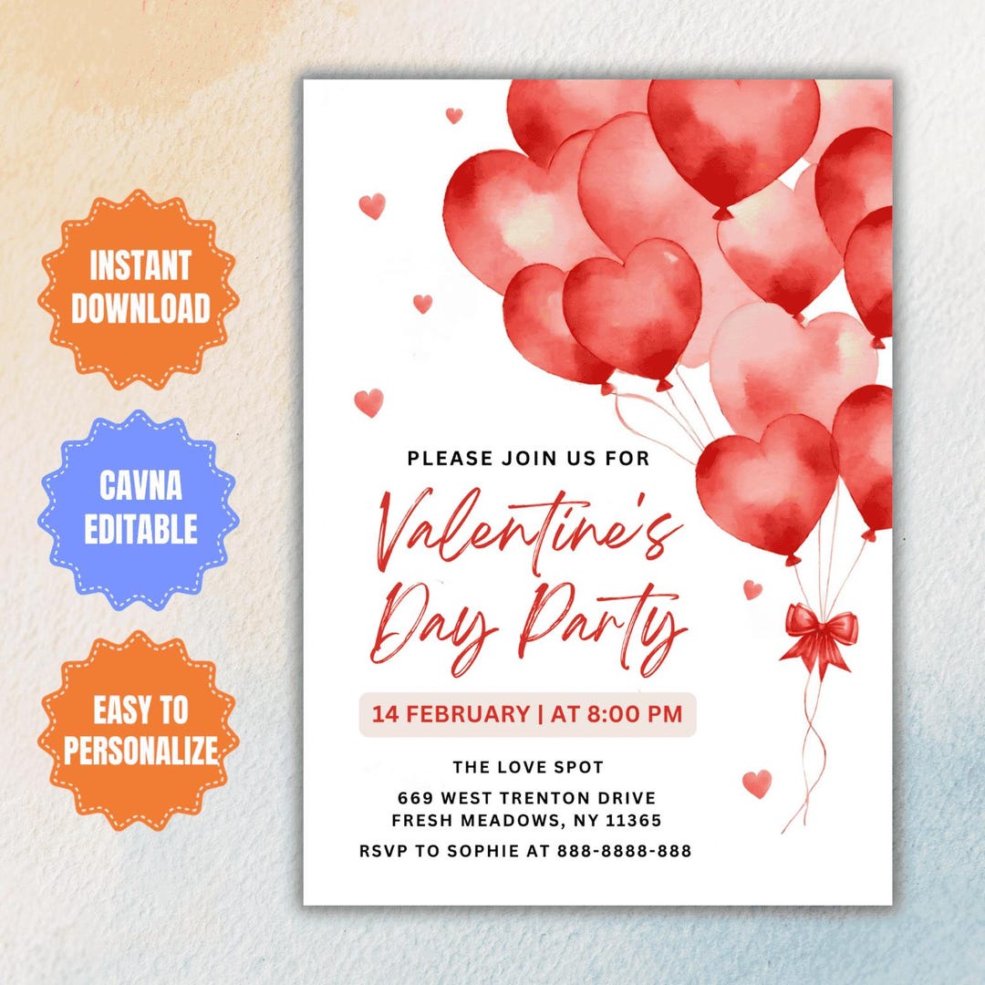 Editable Valentines Day Invitation, Valentines Day Party Template, Red ...