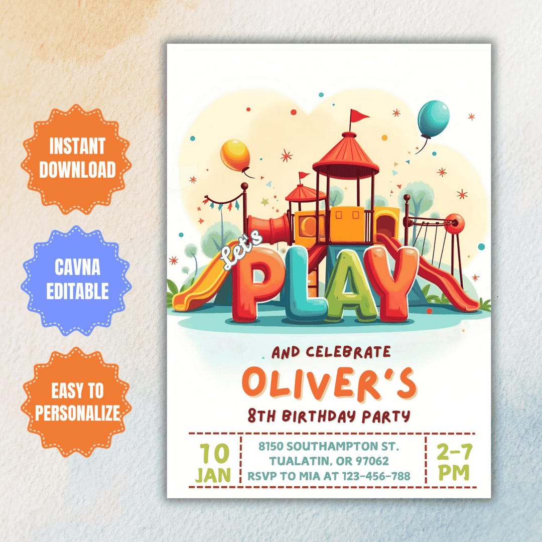 Editable Playground Birthday Invitation, Climb Jump Slide and Play ...