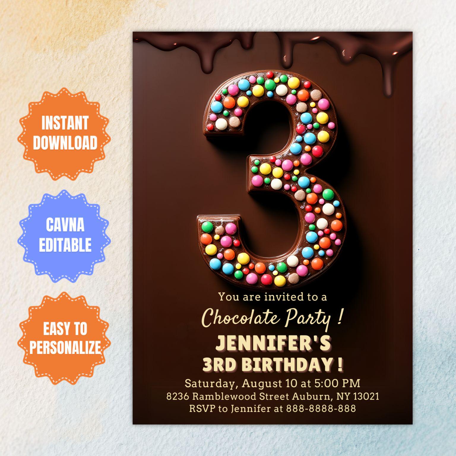 Editable Chocolate Party Invitation, Chocolate 3rd Birthday Invite ...
