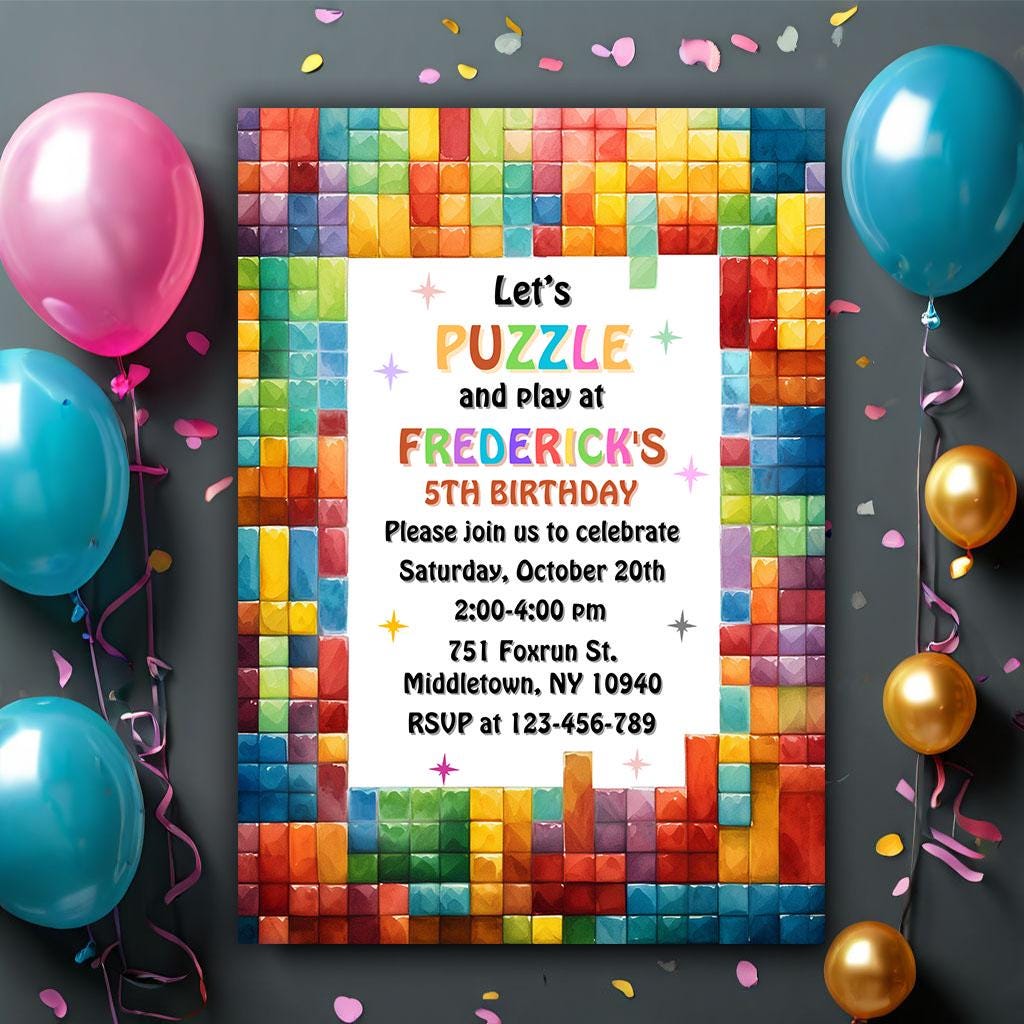 Editable Block Puzzle Birthday Invitation, Block Puzzle Theme ...