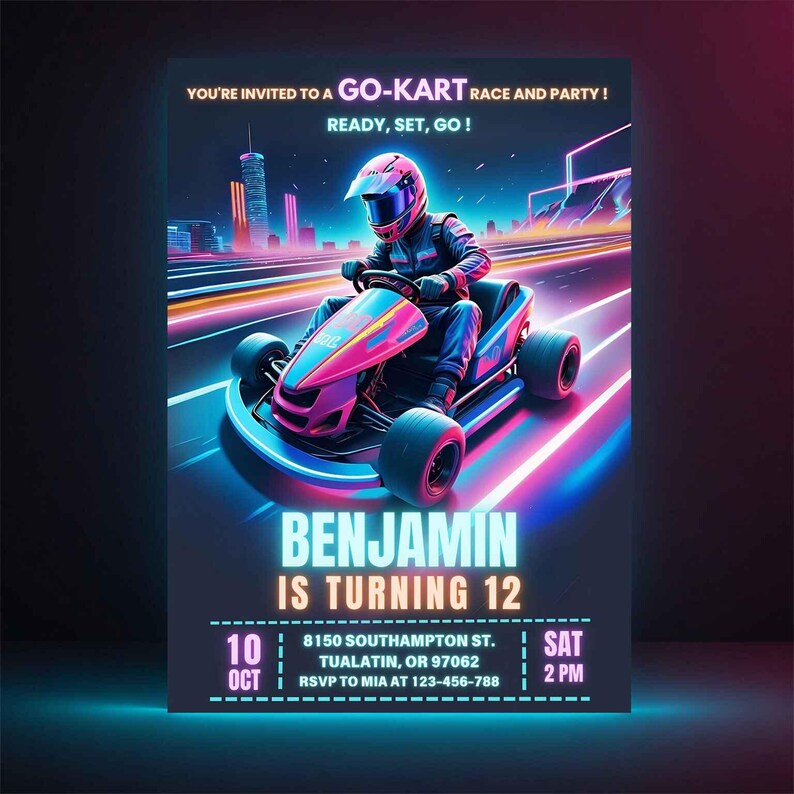 Neon Go Kart Birthday Invitation: Racing Party Template (digital) - Etsy