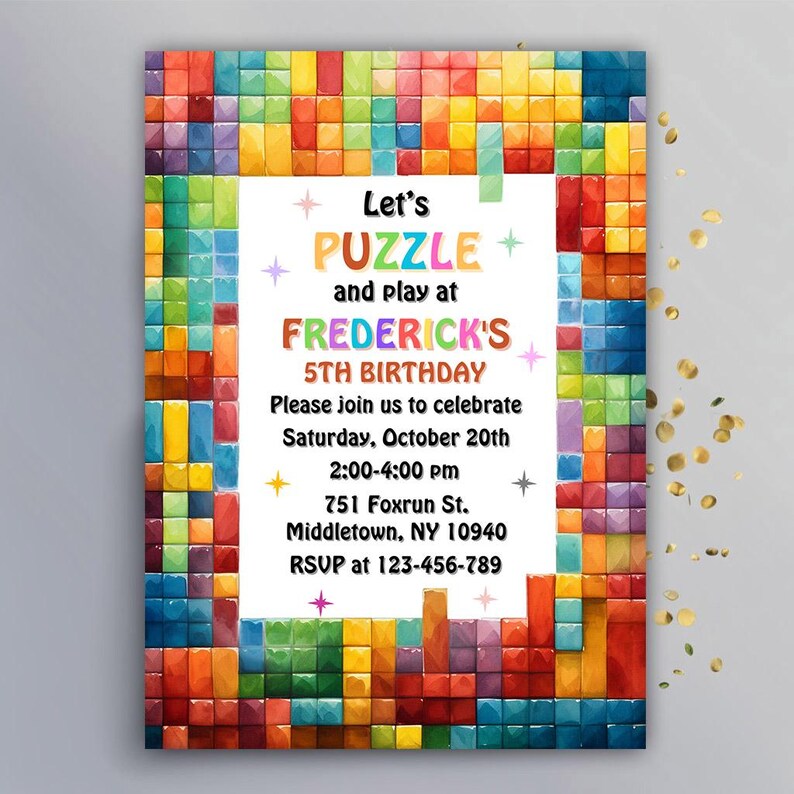 Editable Block Puzzle Birthday Invitation, Block Puzzle Theme ...