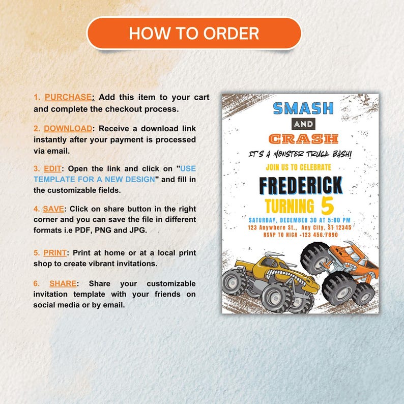 Editable Monster Truck Invitation, Monster Truck Birthday Invite, Boys ...