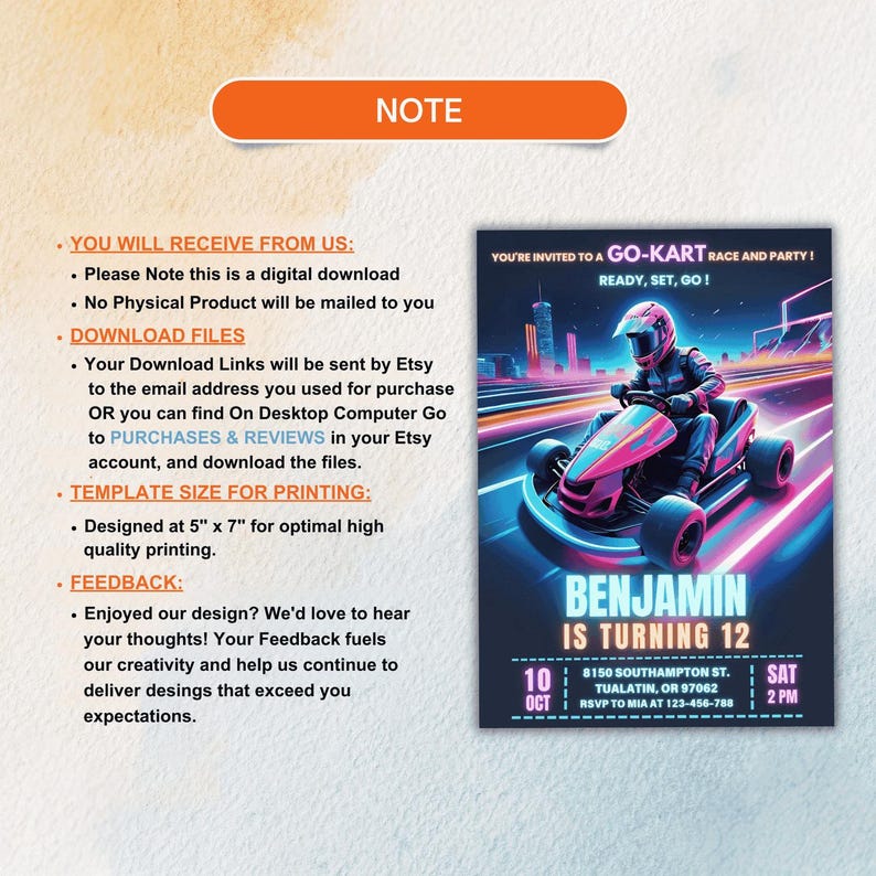 Editable Neon Go Kart Birthday Invitation, Boys Go Kart Party Karting ...
