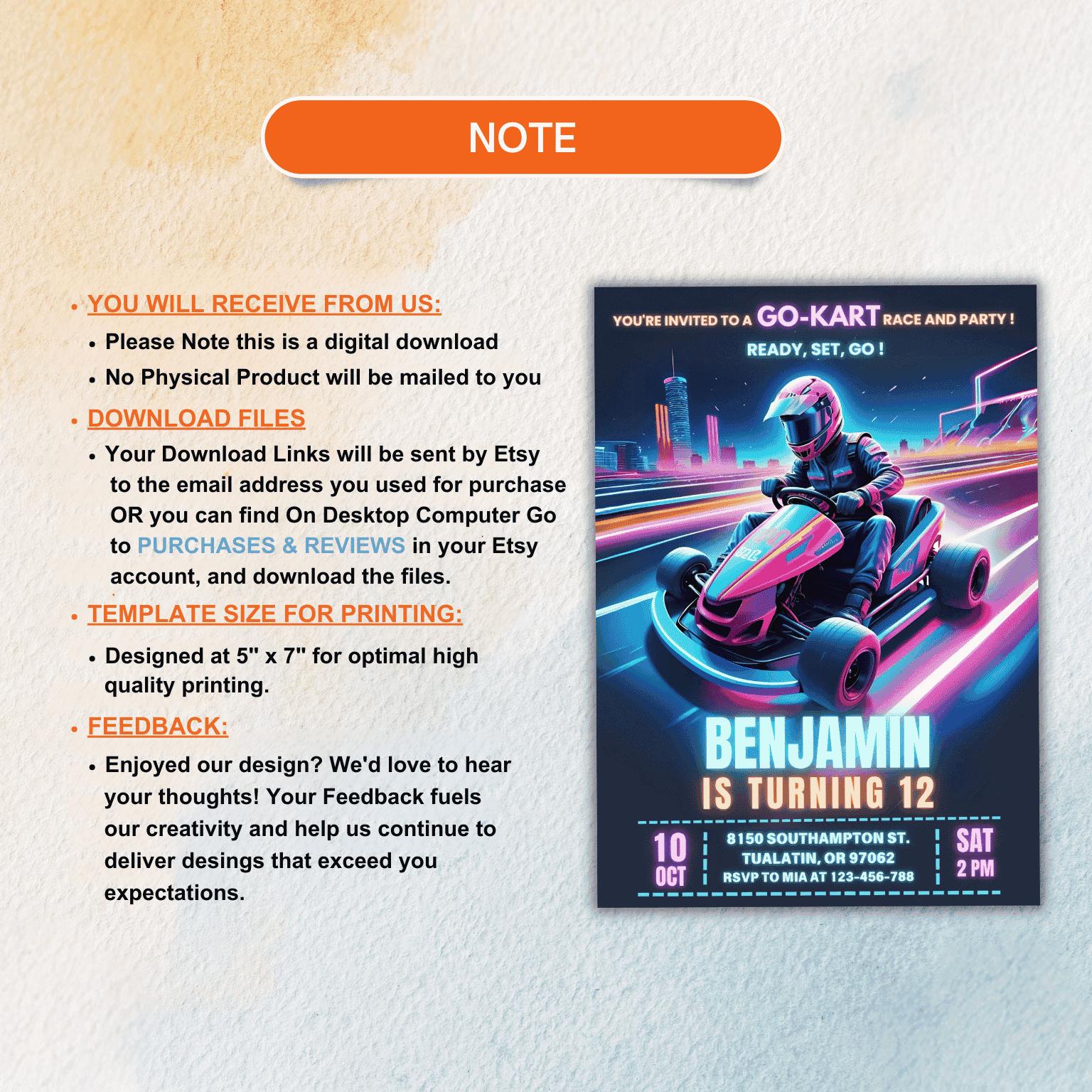 Editable Neon Go Kart Birthday Invitation, Boys Go Kart Party Karting ...