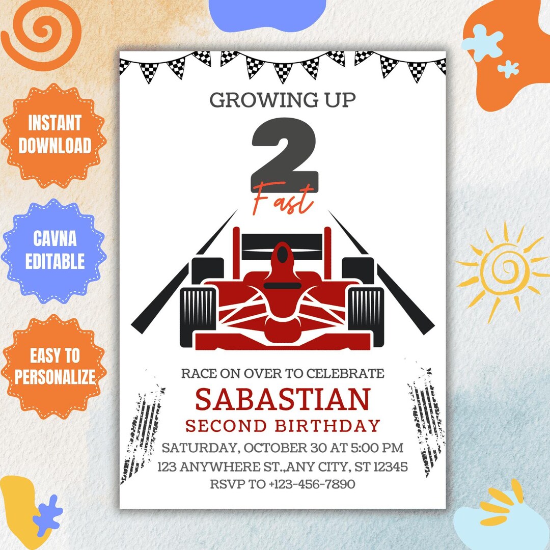 Editable Race Car 2nd Birthday Invite, Electronic TWO Fast Party ...