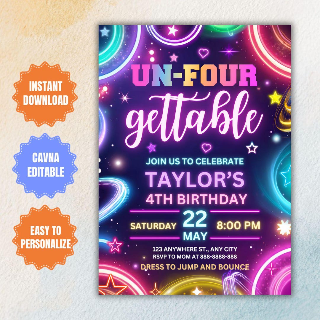 Editable Un-four-gettable Birthday Invitation, Kid Neon Fourth Birthday ...