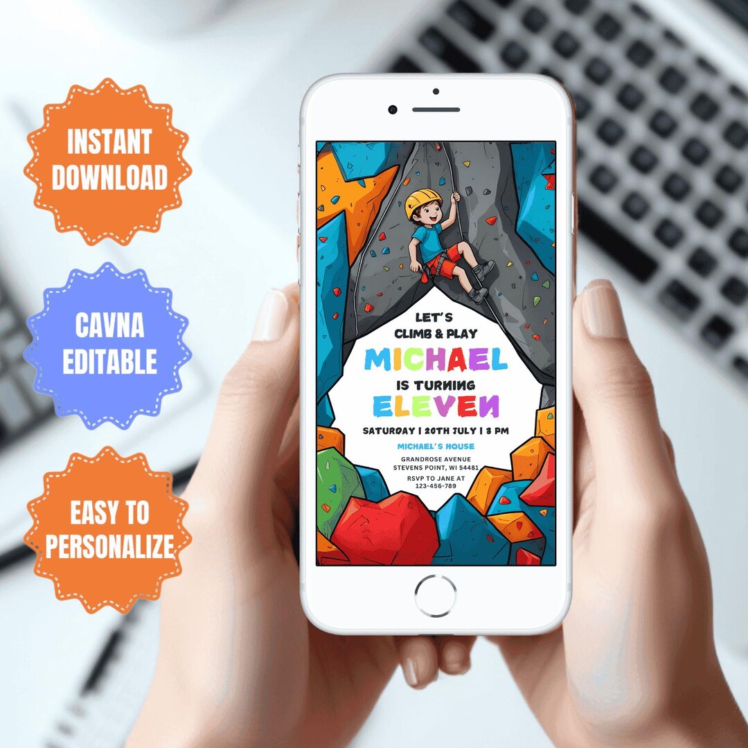 Editable Rock Climbing Birthday Party Invitation, Rock Climbing Phone ...