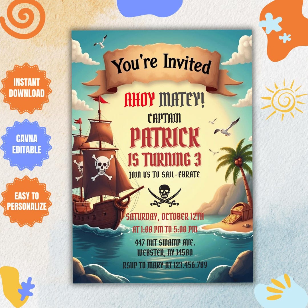 Editable Captain Crew Party Invitation Template, Pirates Birthday Party ...