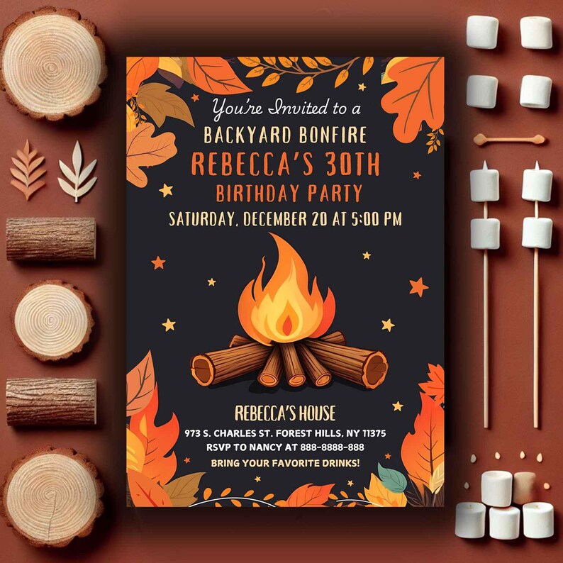 Editable Backyard Bonfire Invitation, Campfire Birthday Party Invite ...