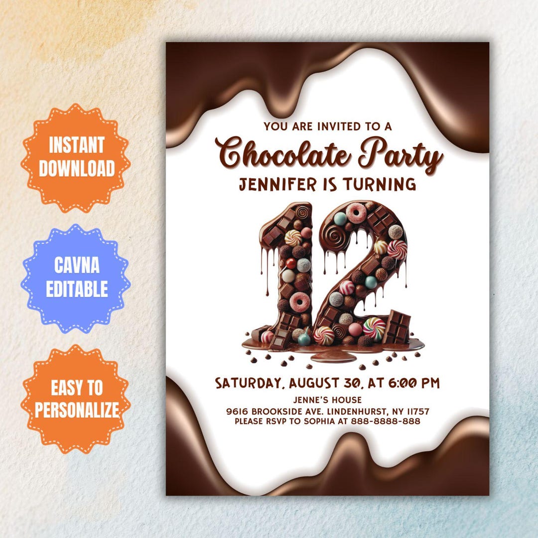 Editable Chocolate Twelve Birthday Party Invitation, Chocolate Desserts ...