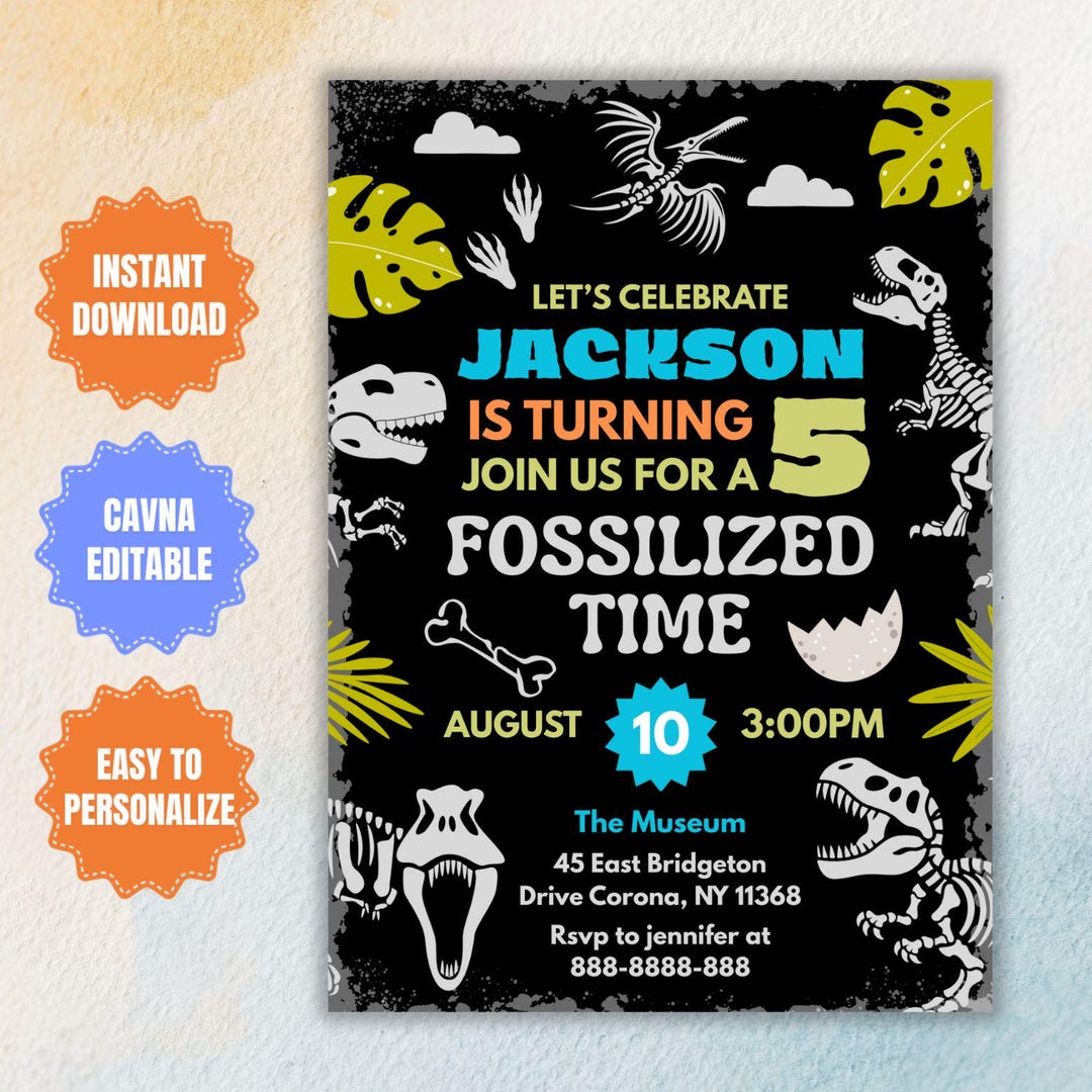 Editable Fossil Birthday Invitation, Dino Dig Party Invite, Prehistoric ...