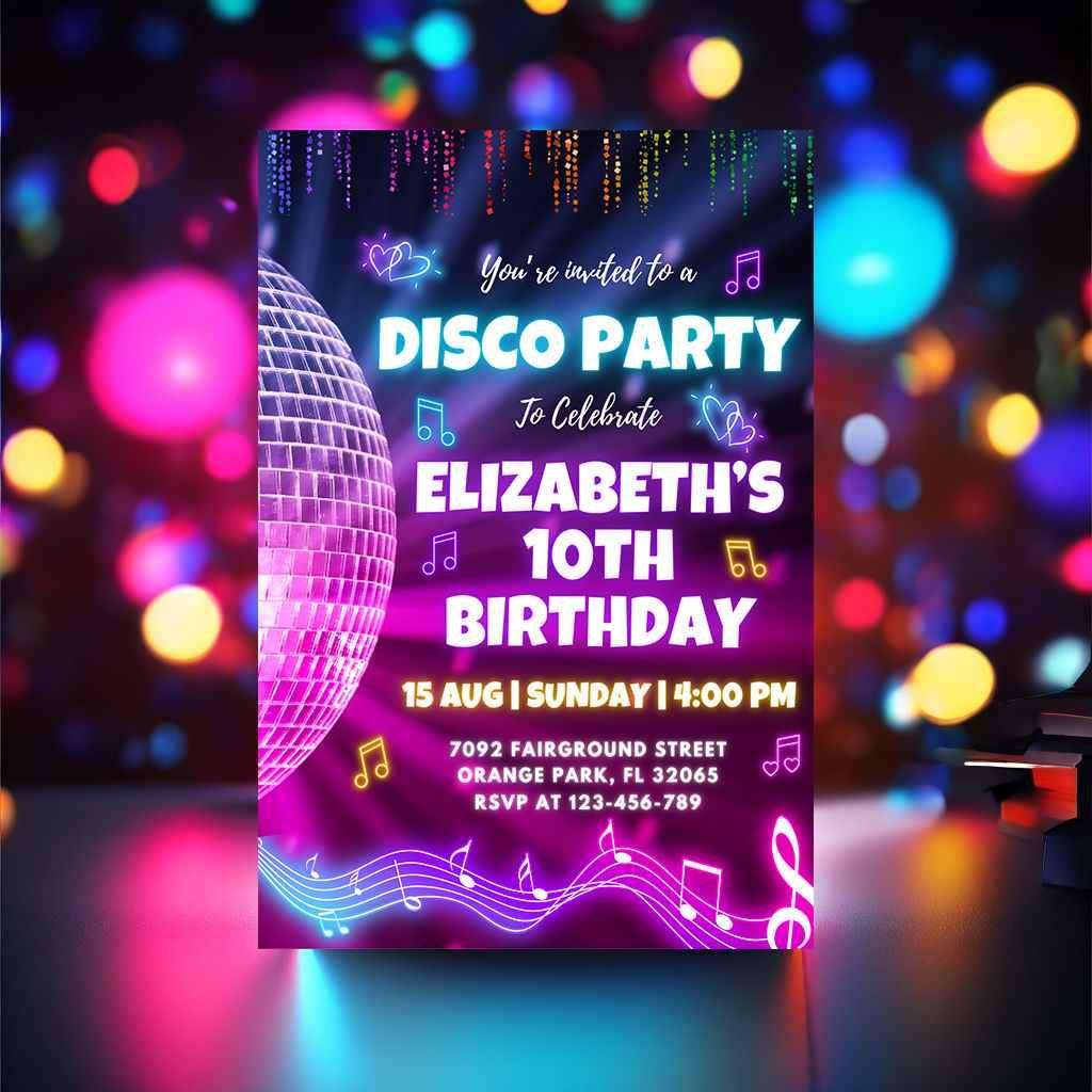 Editable Disco Party Invitation, Neon Glow Disco Dance Party Template ...