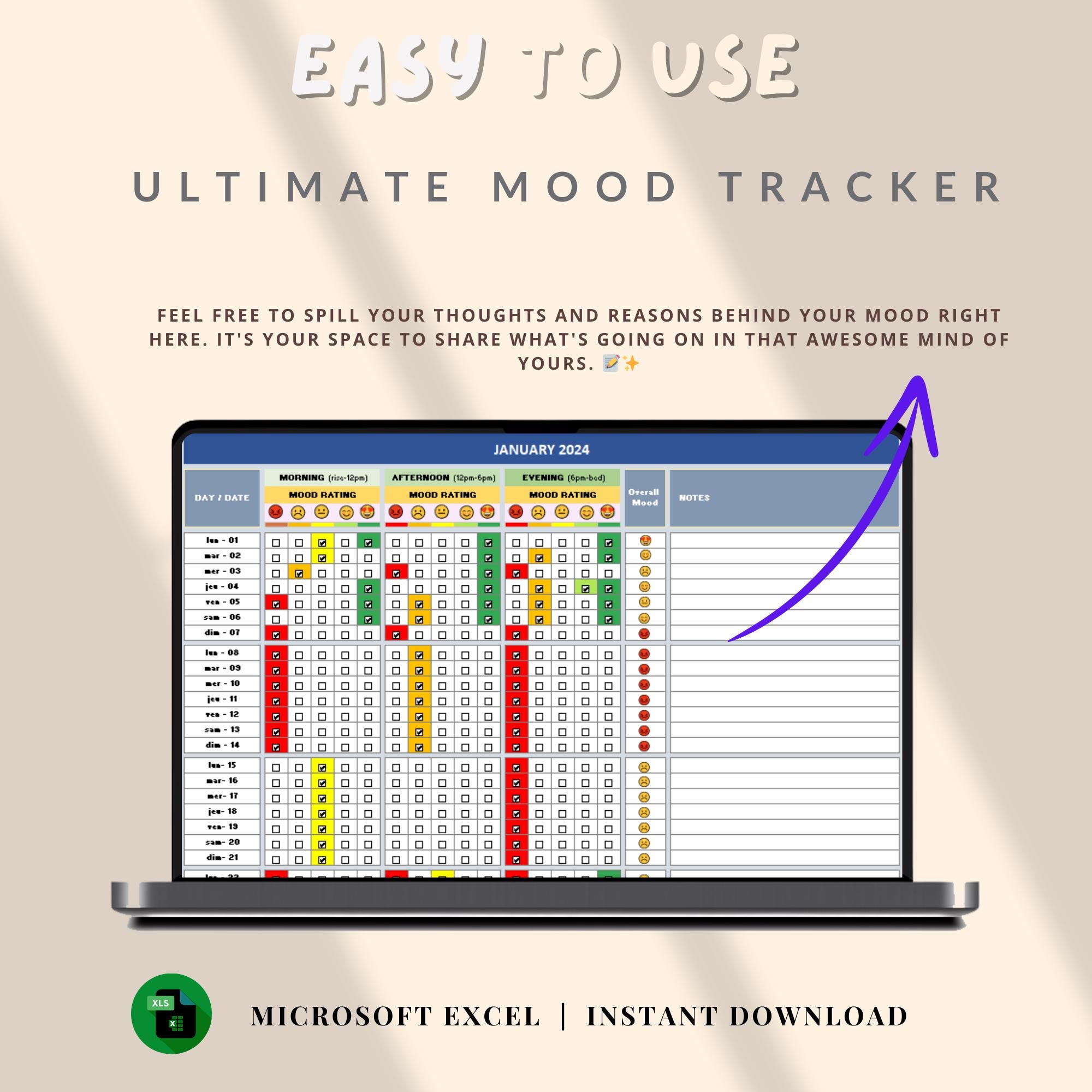 Daily Mood Tracker: Excel Spreadsheet Template (instant Download) - Etsy